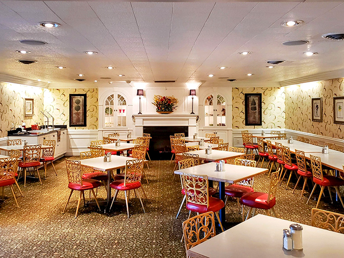 Step inside to a dining room that whispers of mid-century charm—ornate gold chairs with red vinyl seats that have cradled generations of satisfied diners.