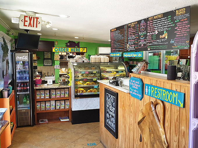 Step inside and the vibrant green walls instantly telegraph that this isn't your average coffee spot—it's Keys living distilled into café form.