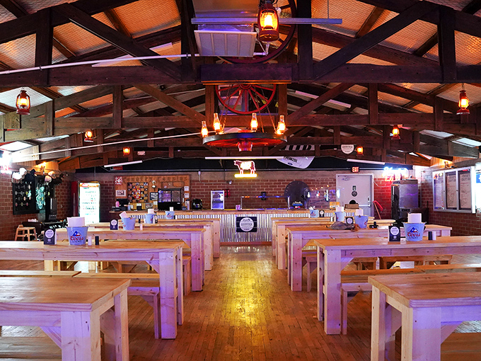 Wooden beams, lantern lighting, and communal tables create the perfect Texas backdrop for what might be the most important relationship of your life: you and brisket.