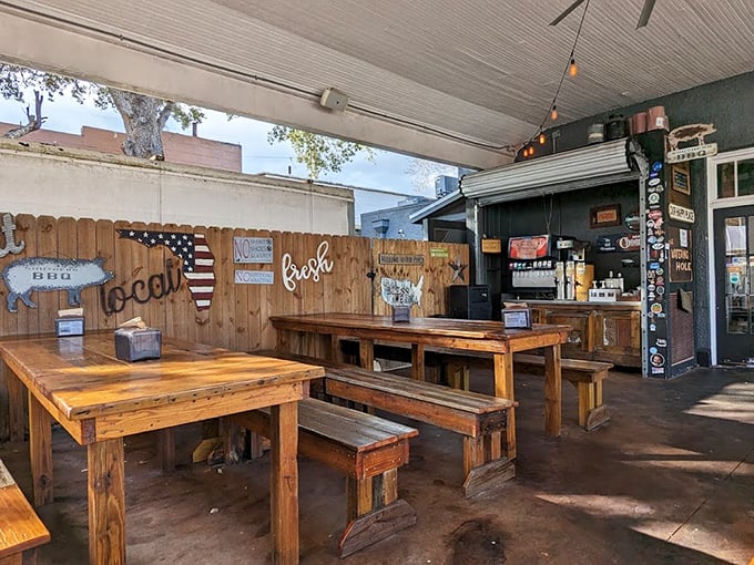 Rustic communal tables where strangers become friends, united by the universal language of "Did you try the brisket yet?"