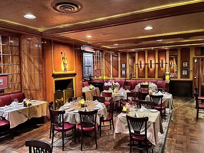 Step inside and time travel to mid-century dining elegance. The wood paneling and burgundy leather booths create an atmosphere where Don Draper would feel right at home.
