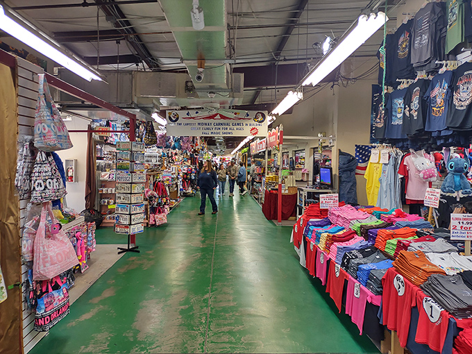 Green floors guide shoppers through a kaleidoscope of merchandise, where every aisle promises new discoveries and unexpected finds.