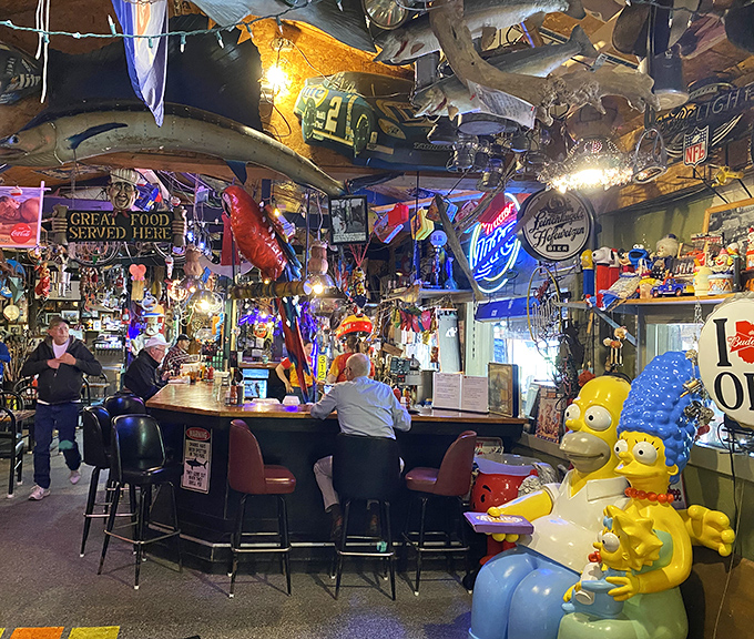 Where fishing memorabilia meets pop culture in glorious chaos. Homer Simpson himself would approve of this sensory overload of delightful kitsch.