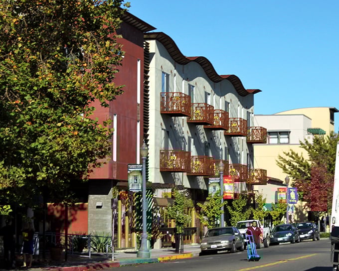 Colorful buildings line Healdsburg's main street, where the architecture tells stories of bygone eras while housing thoroughly modern delights.