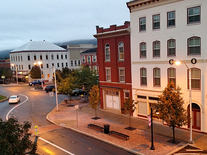 Twilight transforms Market Street into a Norman Rockwell painting come to life, where historic buildings whisper stories of Pennsylvania's past.
