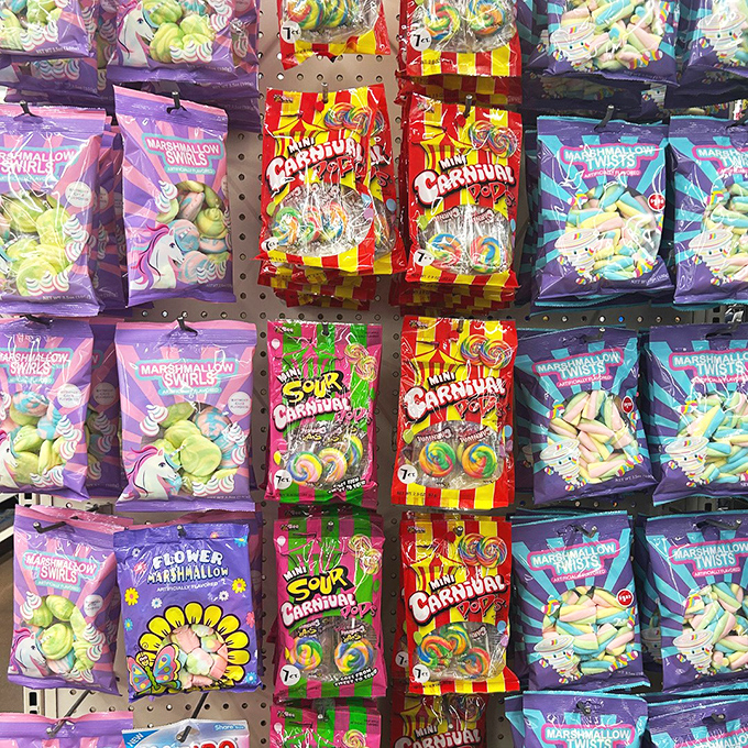 A kaleidoscope of sugar-coated nostalgia lines these shelves, where childhood memories cost exactly one dollar each.