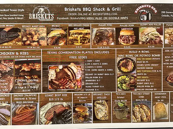 This menu board isn't just a list—it's a roadmap to happiness. From brisket burnt ends to Tex-Mex creations, each photo promises smoky salvation.