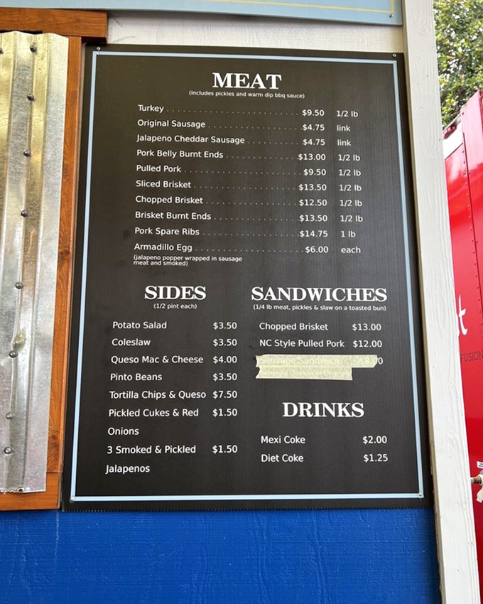 A menu that reads like poetry to meat lovers. No fancy adjectives needed when your brisket speaks for itself.