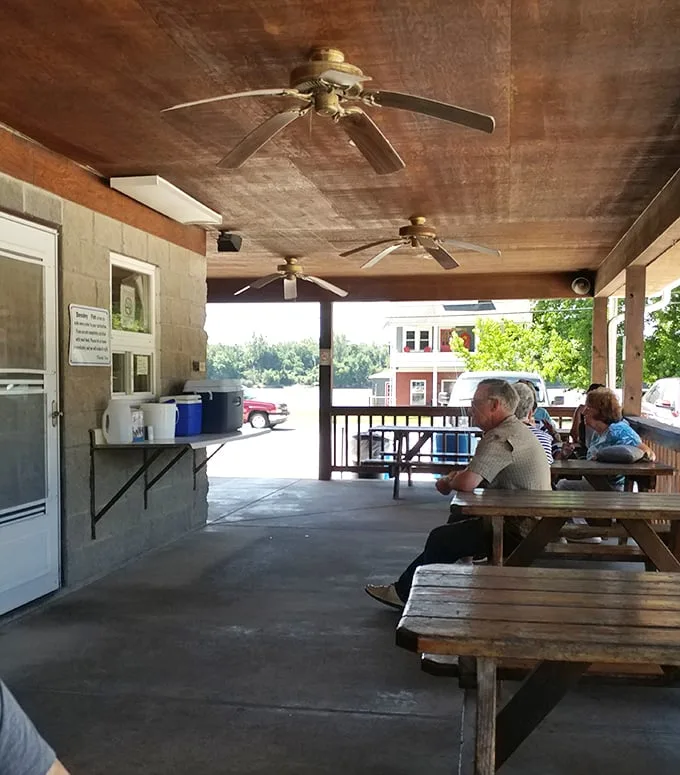 Ceiling fans lazily spin above weathered picnic tables where diners enjoy nature's perfect dining room—the mighty Mississippi providing both the view and the main course.