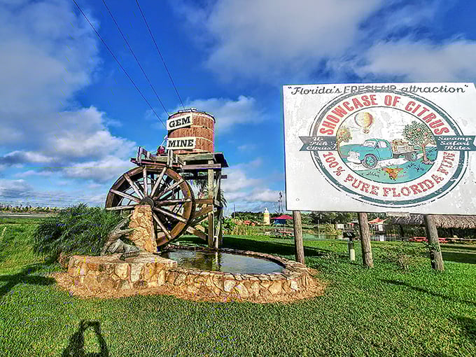 That vintage water wheel and classic signage whisper "old Florida" louder than any theme park ever could.