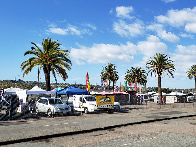California's iconic palm trees stand guard over a sea of tents and canopies, nature's own sunshades complementing the vendors' makeshift storefronts.