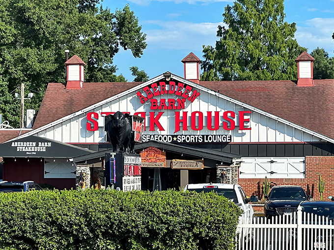 Aberdeen Barn announces its purpose with no subtlety whatsoever. That cow silhouette knows exactly what you came for—serious steak business.