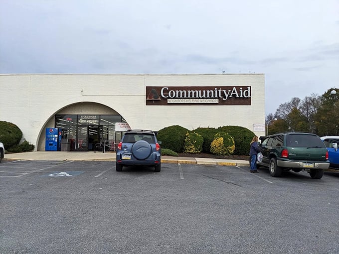 Community Aid's welcoming entrance feels like the gateway to a wonderland of pre-loved possibilities.