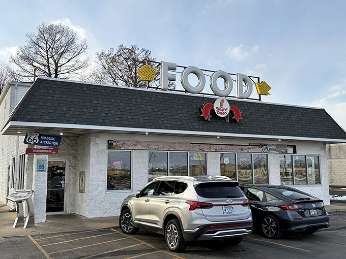Cozy Dog Drive In's simple "FOOD" sign speaks volumes – Route 66 comfort without the frills.