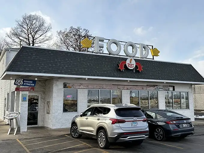Cozy Dog Drive In's simple "FOOD" sign speaks volumes – Route 66 comfort without the frills.