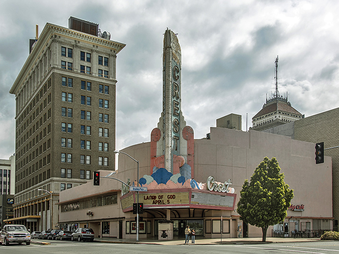 Fresno's historic Crest Theatre marquee lights up the downtown scene, offering cultural experiences without the coastal price tag.