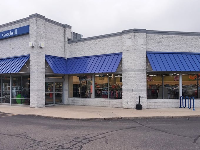 Goodwill's blue awnings beckon like a thrift siren song – "Come in, browse awhile, lose track of time completely."