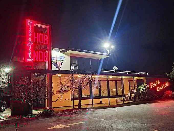 HobNob's neon sign glows like a beacon for hungry travelers. Mid-century charm meets modern appetites.