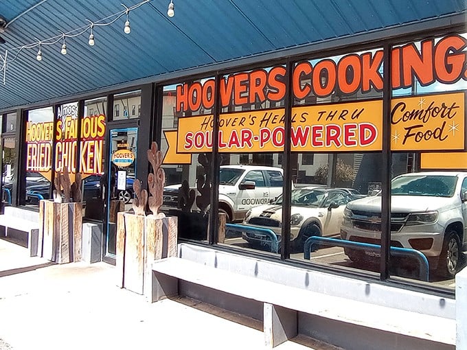 "Solar-powered comfort food" isn't just a catchy slogan—it's a promise of sunshine in every bite. Bold orange signage that screams "get in here now!"