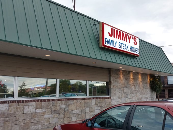 Jimmy's green roof stands like a beacon for steak lovers. No fancy frills, just the promise of perfectly grilled beef inside.