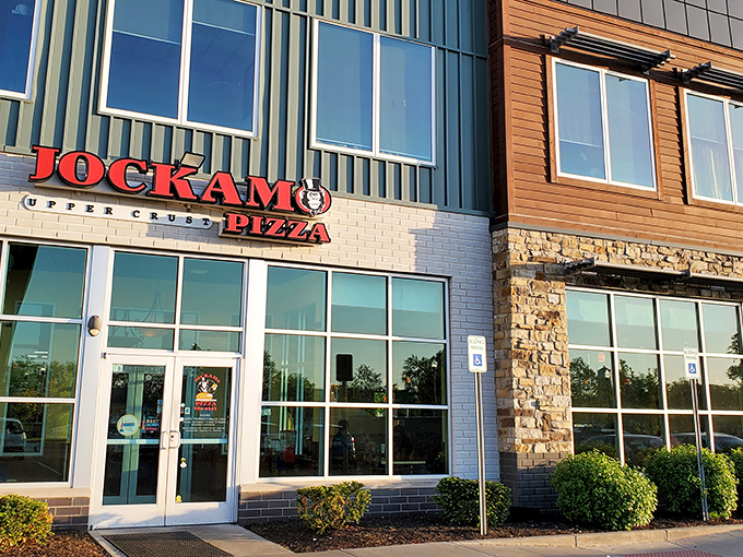 Jockamo's sleek storefront brings "Upper Crust" to life – modern digs housing some of Indy's most creative pizza combinations.