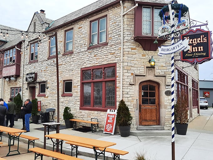 Kegel's Inn stands proudly in its stone glory, like a Bavarian postcard come to life. Those picnic tables aren't just furniture—they're memory-makers.