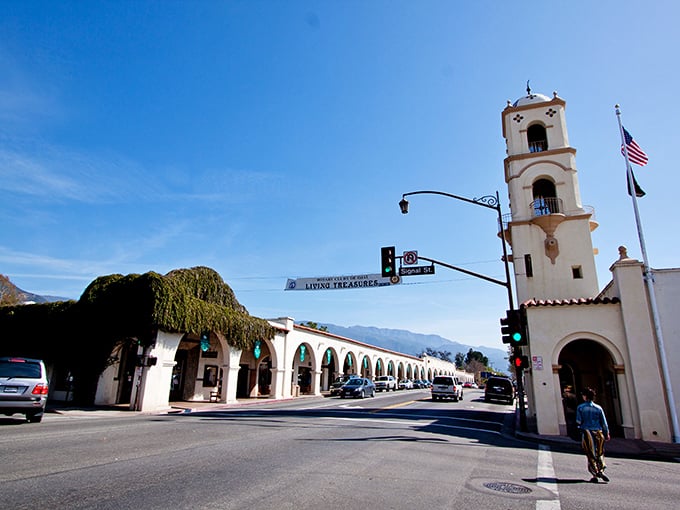 Ojai's picturesque downtown arcade invites wanderers with its Spanish-style architecture and promise of that famous "pink moment" sunset.
