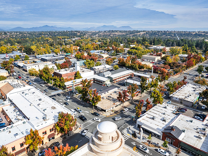 Redding's downtown stretches toward the horizon, a perfect basecamp for outdoor adventures without the big-city price tag.