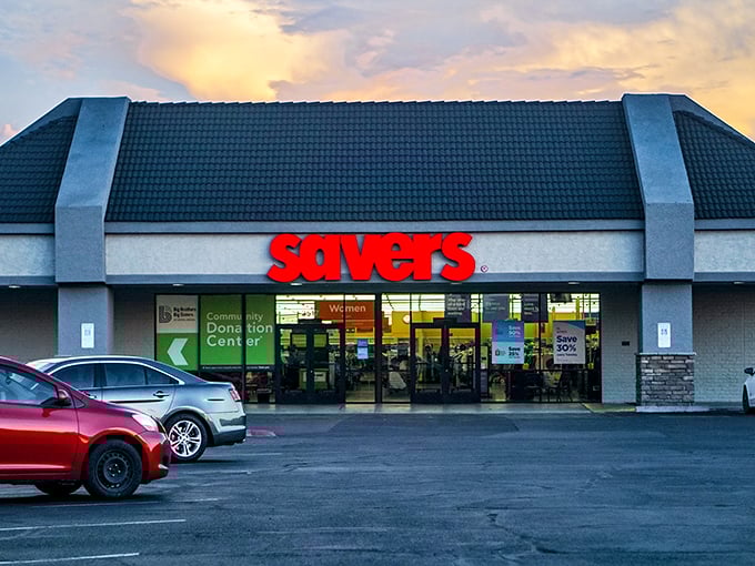 Savers' bold red sign beckons like a lighthouse for the thrift-obsessed, guiding shoppers to shores of unexpected discoveries.