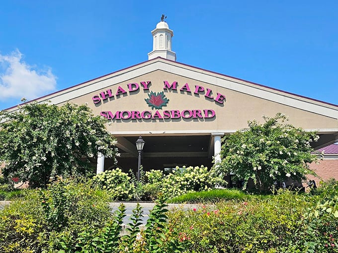 The "Banquets" sign hints at Shady Maple's other talent – hosting gatherings where pants with elastic waistbands are highly recommended.