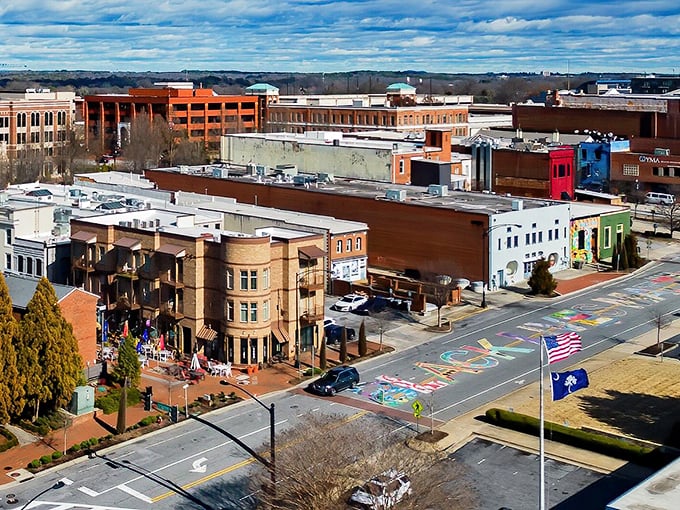 Downtown Spartanburg's revitalized streetscape isn't rushing anywhere—brick buildings and colorful storefronts invite you to stroll rather than sprint through life.