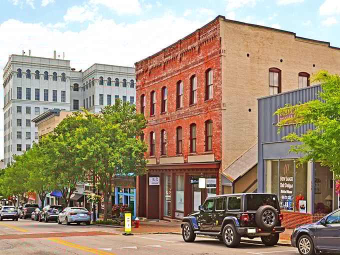 Danville's downtown stretches out under a perfect blue sky. The kind of Main Street where you can actually find a parking spot!