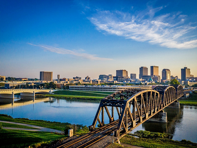 That railroad bridge isn't just crossing Dayton's river—it's connecting chapters of Ohio history with a view worth stopping for.