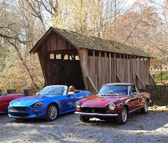 Classic cars meet classic architecture at Pisgah Bridge. Some relationships were just meant to be—like vintage wheels and weathered wood.