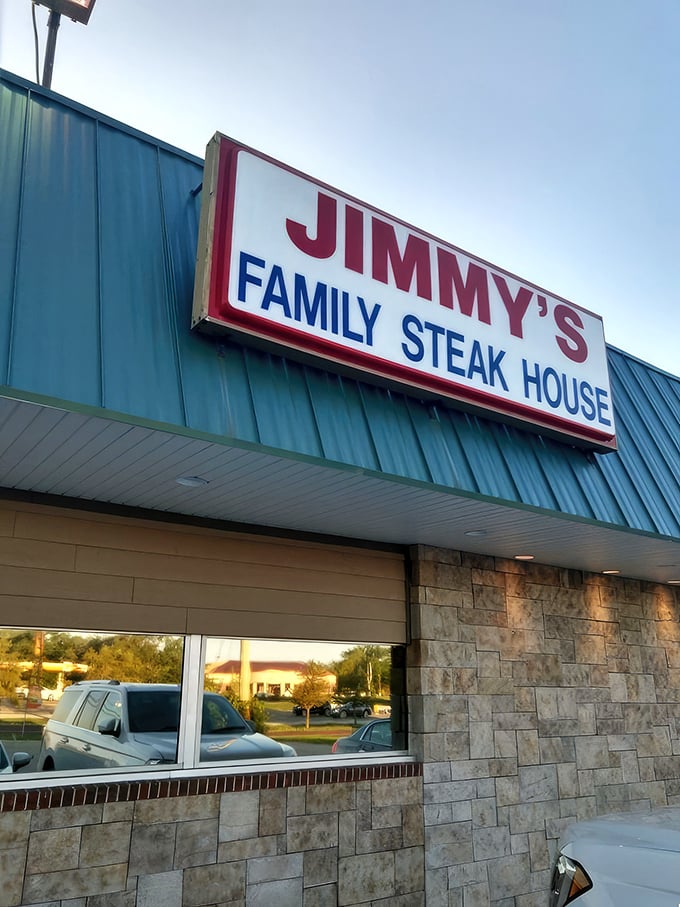 The bold red lettering of Jimmy's sign cuts right to the chase – this is a family steak house where meat is the star.