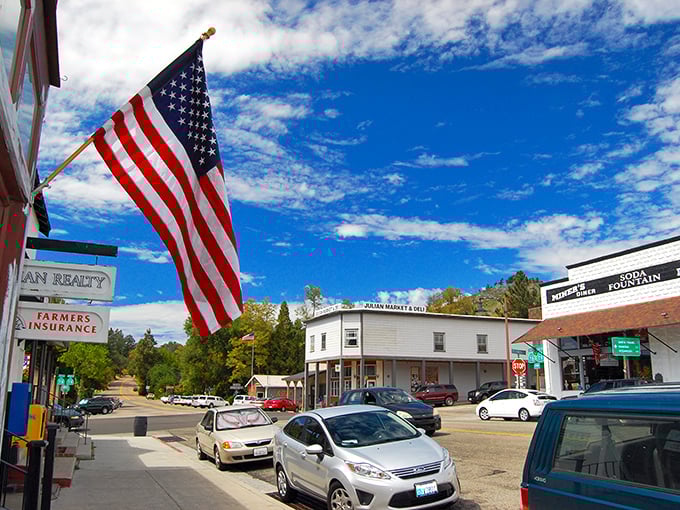 The American flag waves proudly over Julian, a town where patriotism and pie-triotism go hand in hand.