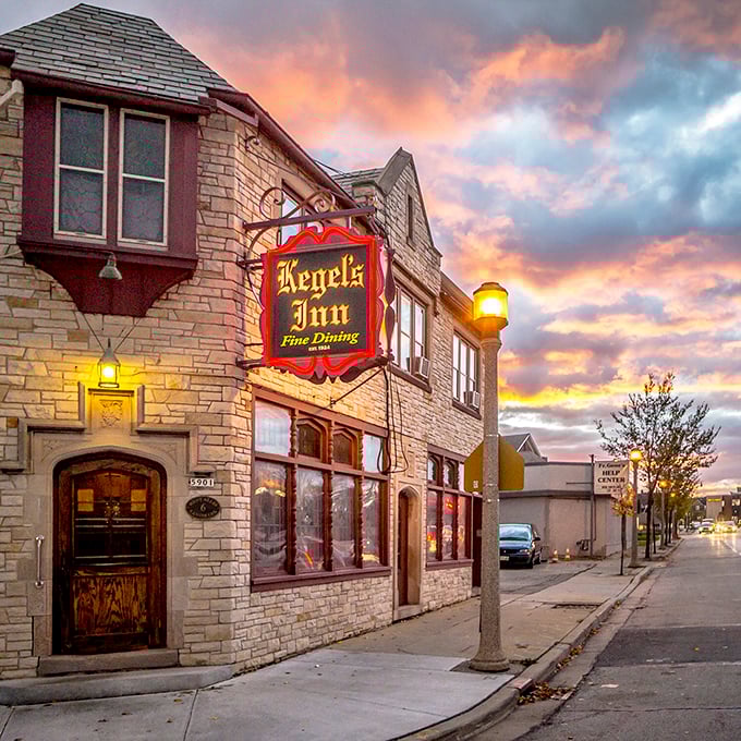 Sunset casts a golden glow on Kegel's Inn, where the promise of German comfort food feels like a warm hug from your favorite aunt.