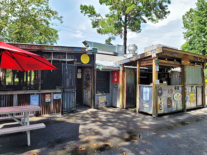 Weathered wood and corrugated metal – the universal language of "our seafood is the real deal."