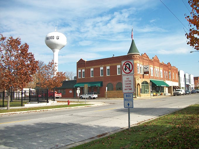The water tower stands sentinel over Nauvoo like a proud parent watching over this perfectly preserved slice of Americana.