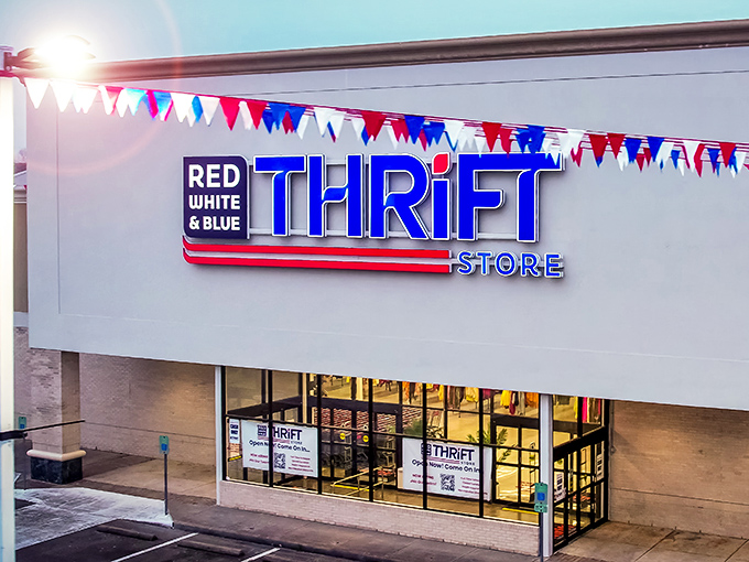 Festive pennants flutter above the entrance, as if celebrating the victories of savvy shoppers who venture inside.