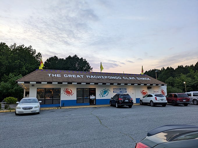 Sunset at the Clam Shack – where Eastern Shore magic happens. Those flags aren't just waving, they're beckoning seafood lovers.
