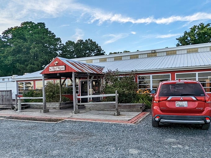The Red Roost: Sunshine, blue skies, and a bright red building – nature's way of saying "seafood served here!"