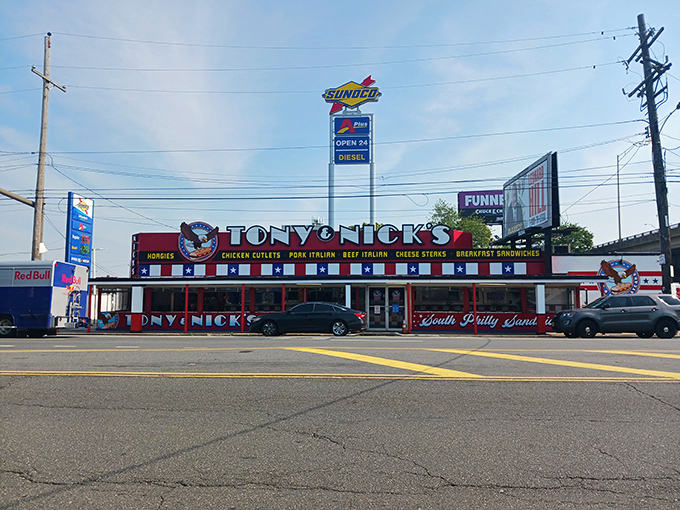 Sunoco on one side, sandwich paradise on the other. Tony & Nick's bold storefront announces its cheesesteak credentials to hungry passersby.