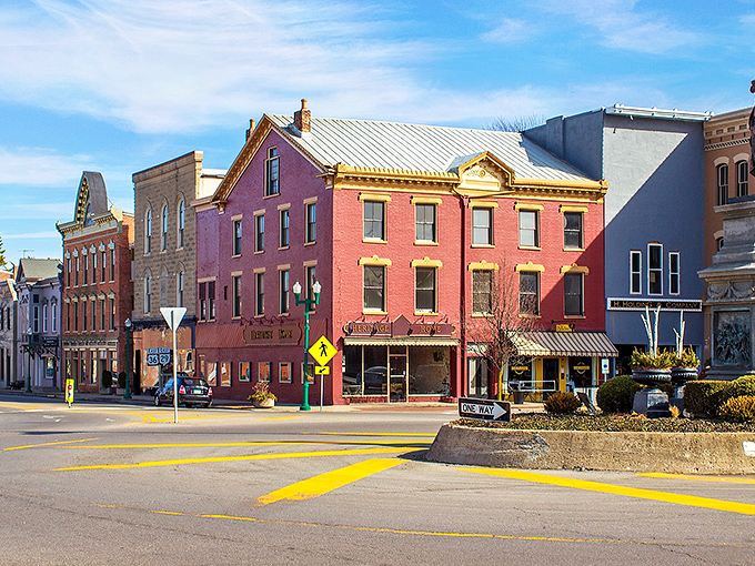 Tree-lined streets frame Urbana's vibrant downtown, where even the buildings dress more colorfully than I do at family gatherings.