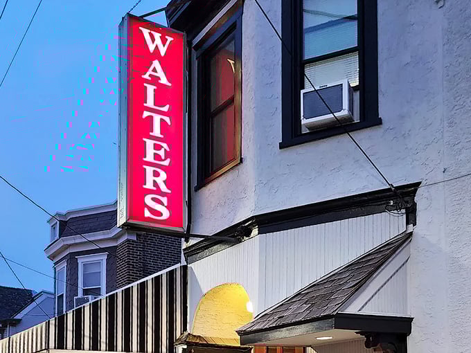Twilight at Walter's – when the neon glows and the grill fires up. Steak o'clock is the best time of day.