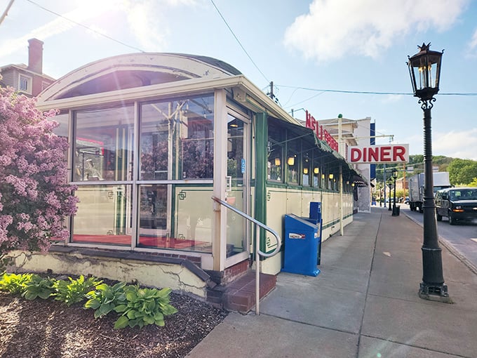 Spring flowers frame this vintage dining car, where the phrase "they don't make 'em like this anymore" has never been more true.