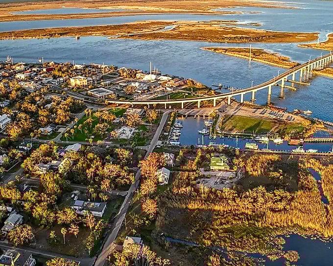 From above, Apalachicola reveals its perfect marriage of land and water, with the iconic bridge connecting this seafood haven to the wider world.