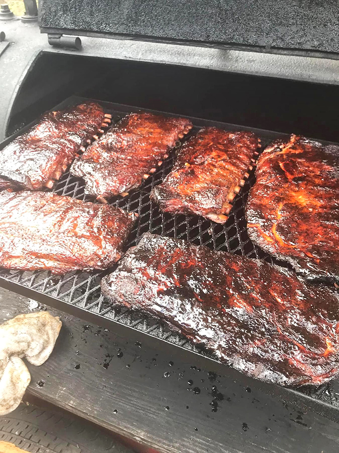 Behold the holy grail of barbecue—slow-smoked ribs glistening with a perfect bark. These aren't just ribs; they're edible evidence that patience is indeed a virtue.
