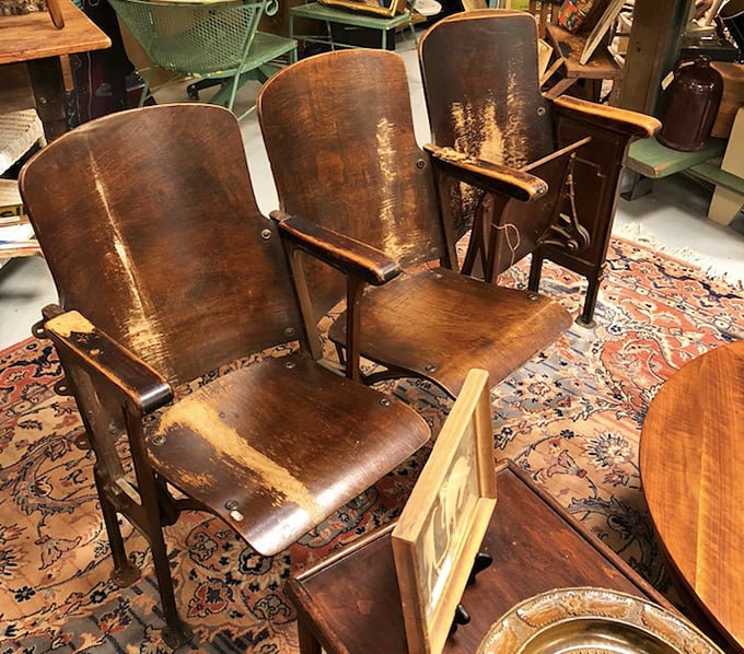 These wooden theater seats have witnessed countless standing ovations. Now they're ready for a second act in someone's home, patina and all.