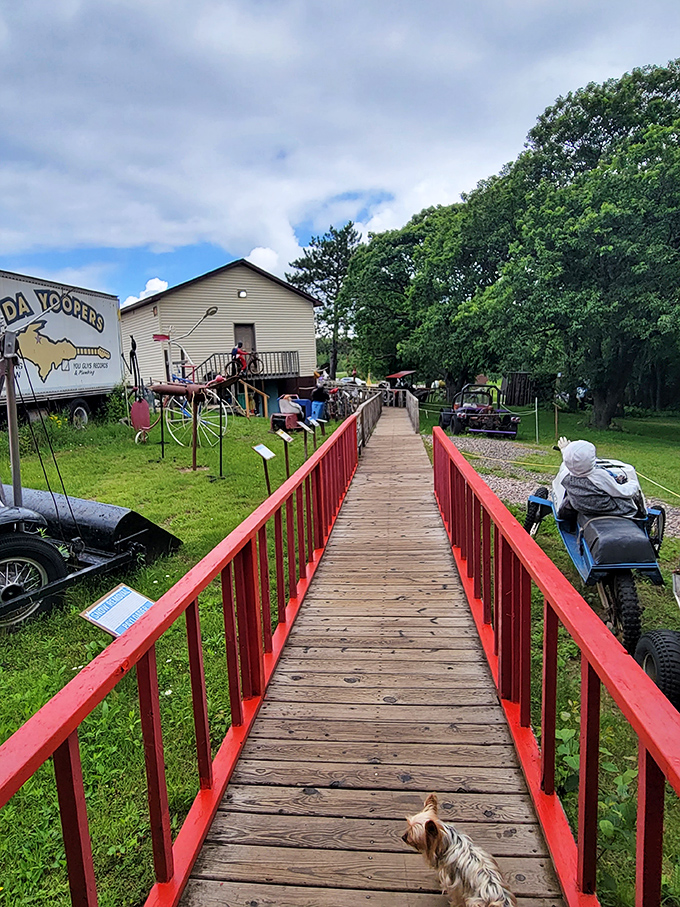 The red boardwalk leads visitors through a wonderland of Yooper ingenuity – part museum, part junkyard, all character.